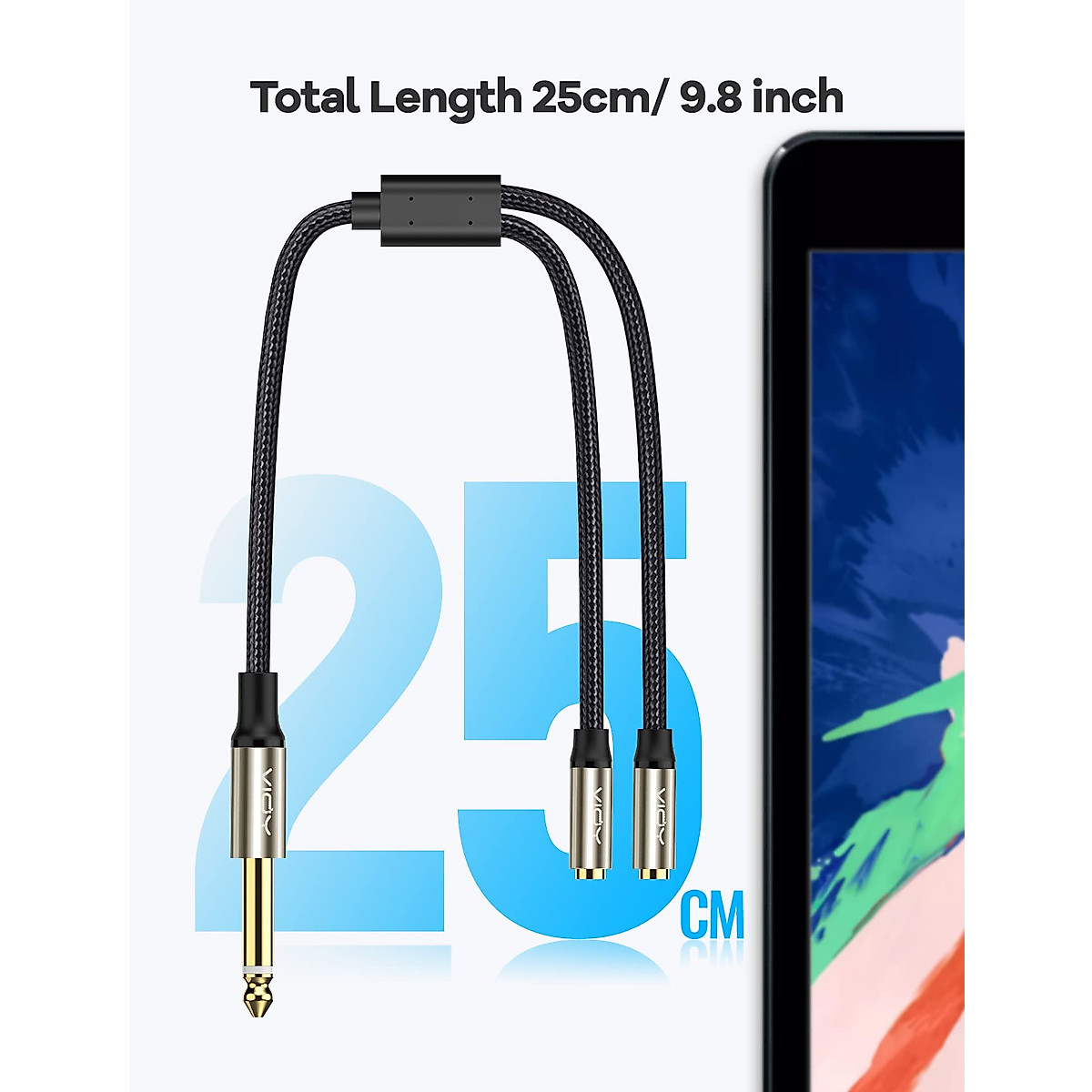 VIOY Headphone Splitter 1/4 inch TRS Male to Dual 3.5 mm 1/8 Female [Braided & Gold Plated] Audio Y Cable Adapter for Amplifiers, Guitar Amp, Keyboard Piano, Mixer 9.8 inch/25 cm