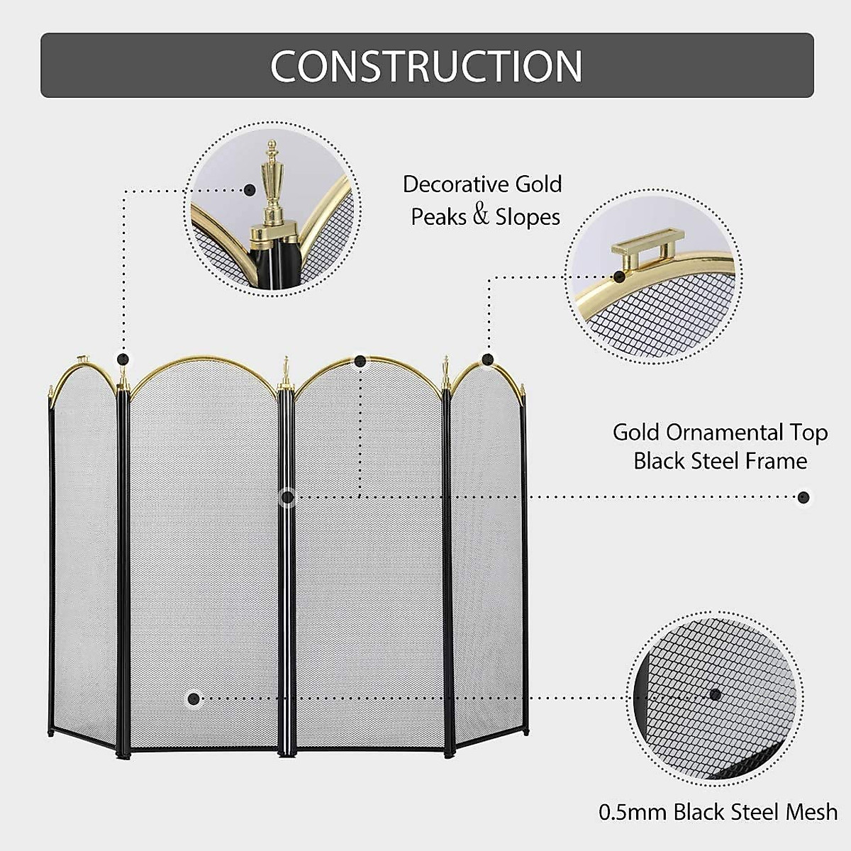 VIVOHOME 4 Panel 51.5 x 32 Inch Fireplace Screen Mesh Baby Safe Proof Fence Spark Guard Cover Ornate Wrought Iron Black Metal Fire Place Standing Gate