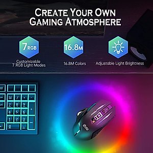 UHURU Wireless Gaming Mouse, Wired and Wireless Dual Modes Rechargeable RGB Gaming Mouse with 7 Programmable Buttons, Ergonomic and 5 Adjustable DPI Levels up to 10000 DPI for PC Laptop Gamer （WM-07）