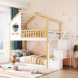 House Bed Bunk Beds with Stairs, Twin Over Twin Bunk Bed with Storage and Guard Rail, Floor Bunk Bed with Roof, Wood Bunk Bed Frame for Kids, Teens, No Box Spring Needed (Natural & White)