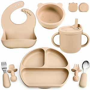 Silicone Baby Feeding Set, Baby Led Weaning Supplies with Suction Bowl Divided Plate, Toddler Self Feeding Dish Set with Spoons Forks Sippy Cup Adjustable Bib, Eating Utensils for 6+ Months(Khaki)