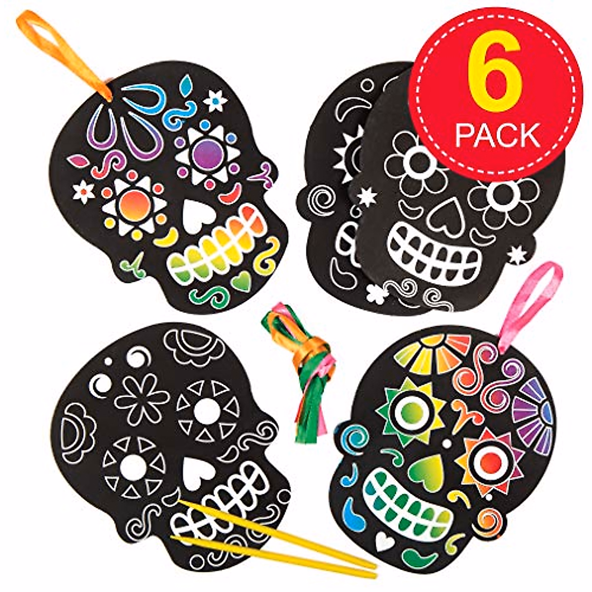 Baker Ross AG995 Day of The Dead Scratch Art Ornaments - Pack of 6, Perfect for Children to Design and Decorate, Ideal for Home Activities, Craft Group Tasks and School Work