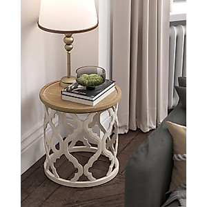VONLUCE Farmhouse End Table,17.7'' Round French Country Side Table,Distressed Wood Tray Top Rustic Accent Table with Lipped Edge for Living Room Dining Room Bedroom,Small Space,Beige