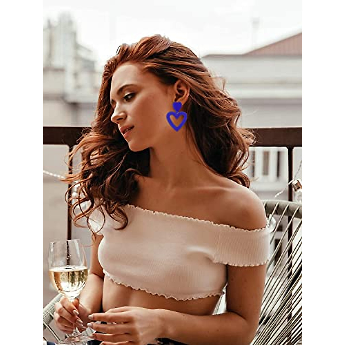 Clip on Earrings Non Piercing Hot Pink Earrings for Women Double Heart Dangle Drop Earring Neon Big Love Heart Dangle Earrings for Girls Hypoallergenic 4th of July Gift Red Green Blue Black Earrings