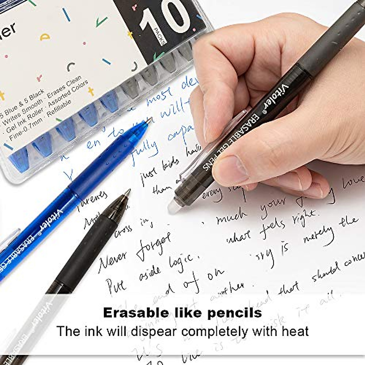 Vitoler Retractable Erasable Gel Pens Clicker, Fine Point(0.7mm), Make Mistakes Disappear,5 Black & 5 Blue Gel Ink Pen for Drawing Writing Planner and School Supplies