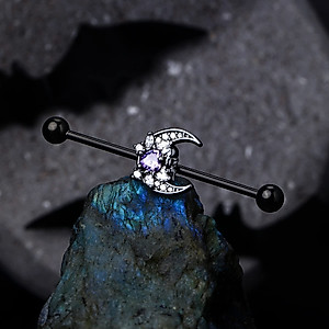 COCHARM Black Moon Industrial Earrings 14g Purple CZ Halloween Industrial Bar Piercing Spoooky Industrial Earring, Halloween Industrial Piercing Jewelry