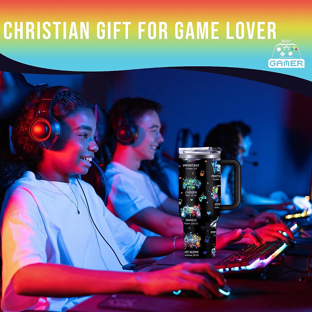 Christian Gamer Gifts, 40 Oz God Says I Am Gamer Tumbler With Handle, Christian Gifts for Men/Boys, Inspirational Religious Birthday Gifts for Game Lover Bible Verse Cup, Gaming Gifts For Gamer