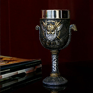 Medieval Viking Odin Wine Goblet - Viking Gifts for Men 7oz Stainless Steel Drinking Cup Norse Viking Warrior Dragon Ship Chalice Viking Fans Gifts Party Decoration