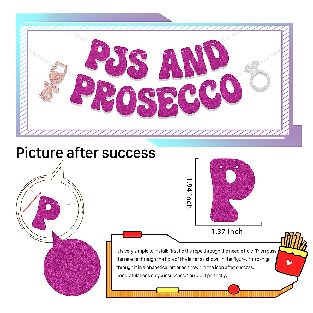 Pjs And Prosecco Banner,Bachelorette Party Decor,Bridal Shower Decoration With Diamond Ring,Prosecco Wedding Party Decorations Supply Rose Red