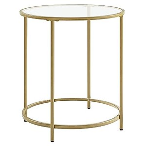 VASAGLE Round Side Table, Glass End Table with Metal Frame, Gold Coffee Table with Modern Style, for Living Room, Balcony, Bedroom, Gold Color