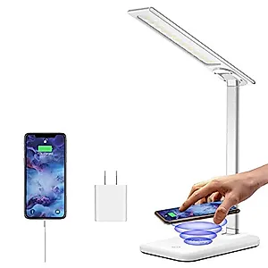 GSBLUNIE LED Desk Lamp with Wireless Charger,Dimmable Office Desk Lamp with USB Charging Port,Touch Control,3 Lighting Modes 6 Brightness Levels,Eye-Caring Table Lamp for Christmas Gift,Studying