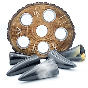 Norse Tradesman Genuine Drinking Horn Shot Glass Set (5) w/Rustic Wood Display Stand (Live Edge) | Engraved with Norse Runes | Packaged in Burlap Gift Sack