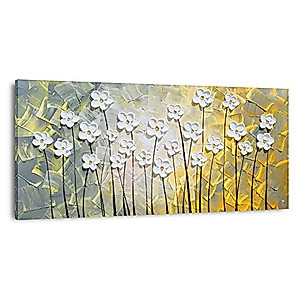 SYGALLERIER White Flower Canvas Wall Art Hand Painted Heavy Textured Paintings Yellow and White Pictures Contemporary Artwork for Living Room Bedroom Dinning Decor