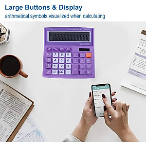 Desktop Calculator Basic Office Desk Calculator 12 Digit with Solar Power and Easy to Read LCD Display, Big Buttons, for Home, Office, School, Class and Business, with Battery - Purple
