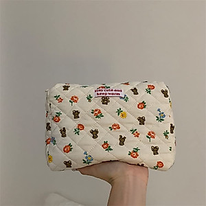 Donloise Kawaii Makeup Bag Cosmetic Case Cute Floral Storage Organizer with Handle Aesthetic Cartoon Zipper Toiletry Bag (Large)