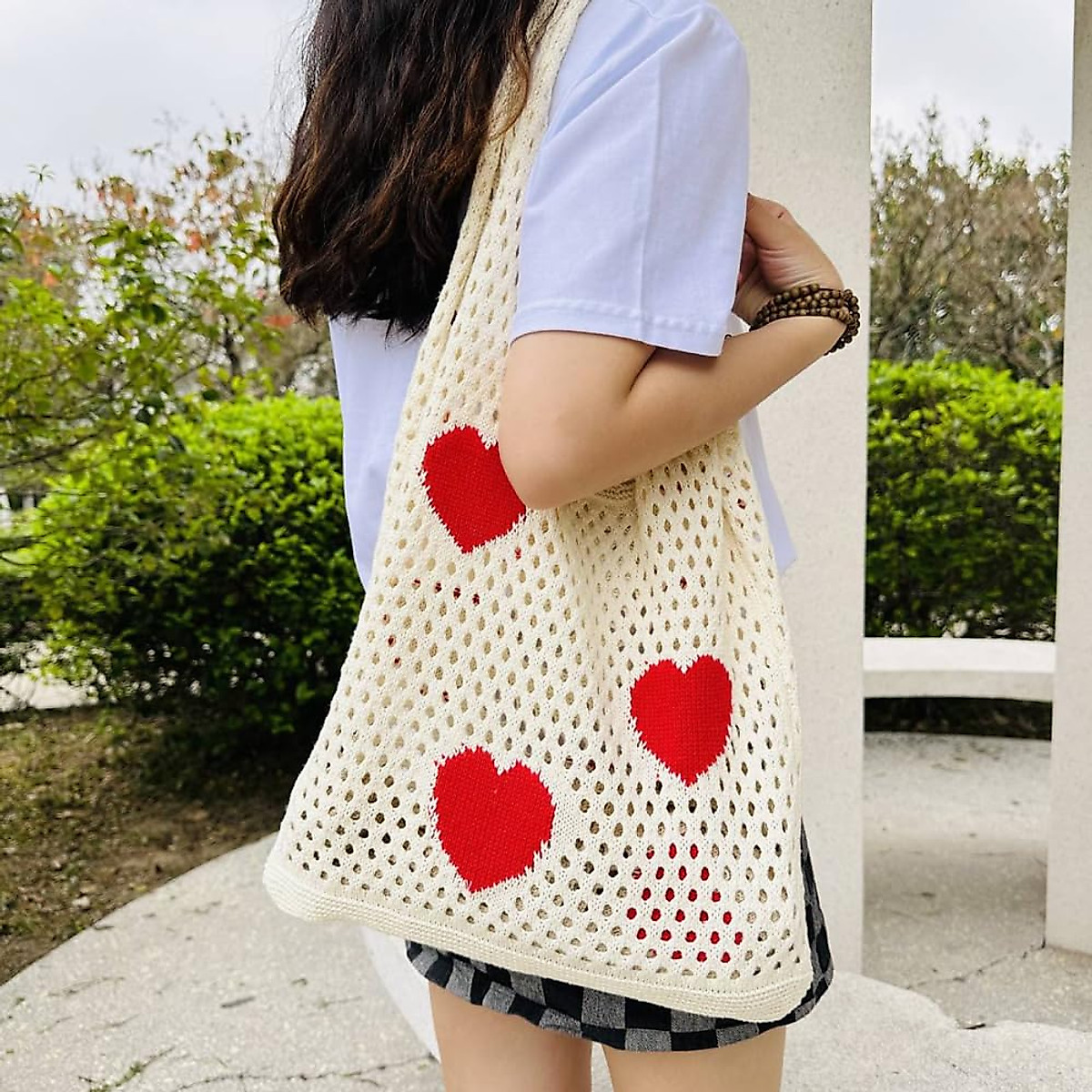 Arcimatto Crochet Tote Bag, Women Summer Aesthetic Mesh Beach Bags, Girls Hobo Bags Y2k Purse Fairy Grunge Accessories (Beige 3 Hearts)
