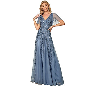 Ever-Pretty Women's Sequin Sparkly V-Neck Short Sleeve Maxi Evening Dress Haze Blue US06
