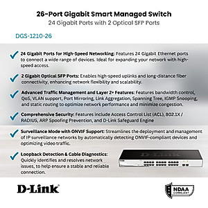 D-Link 26-Port Gigabit Smart Managed Switch | 24 GbE + 2 SFP Ports | L2+ | VLANs | Cable Diagnostics | Web Managed | Desktop or Rackmount | Fanless | NDAA Compliant |Lifetime Warranty (DGS-1210-26)