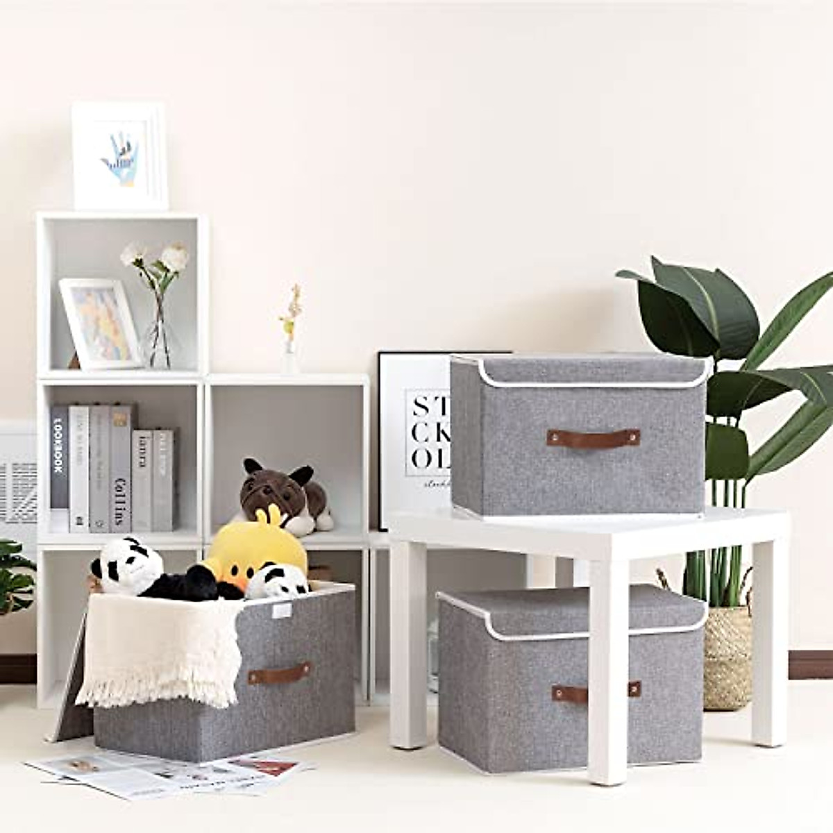 Yawinhe Collapsible Storage Boxes 1 Pack, Linen Fabric Storage Baskets Washable, with Lids and Leather Handle, for Home Bedroom Closet Office, (Grey, 15.0x9.8x9.8in), USNK024GL-1