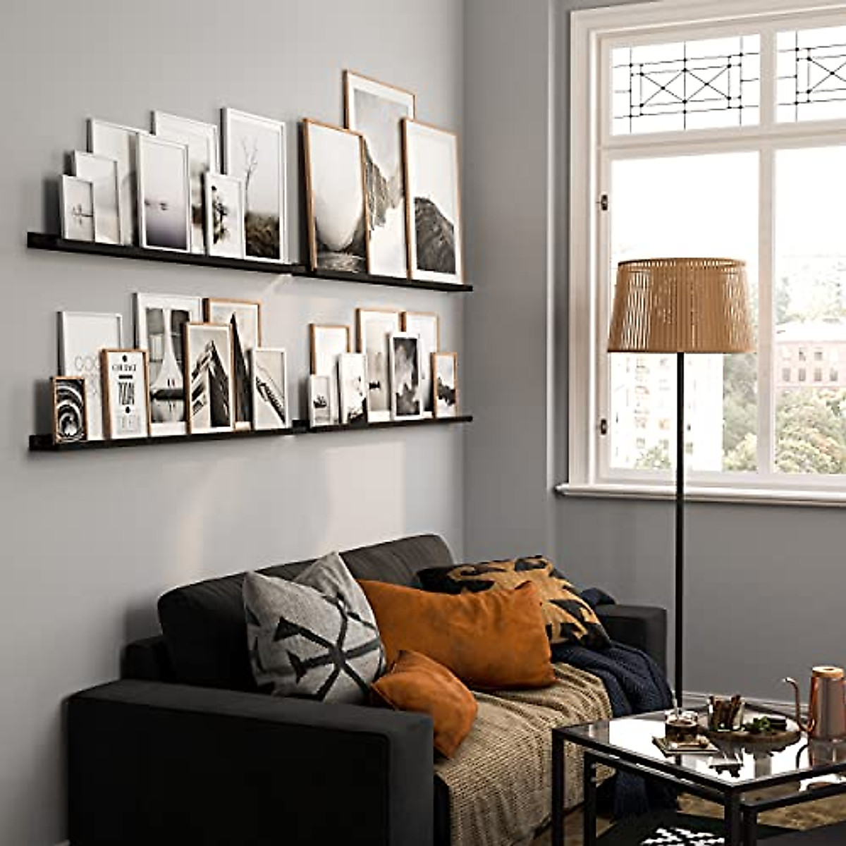 Wallniture Denver 46" Wall Shelves for Picture Frames, Floating Shelves for Wall, Picture Ledge Shelf, Set of 4, Black