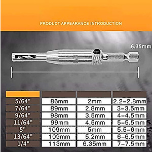 Self Centering Drill Bit with Hex Key 8 Pack, Hinge Set Tools Hole Alignment Bits 5/64'' 7/64'' 9/64'' 11/64'' 13/64'' 5mm 1/4'' for Woodworking Steel Metal