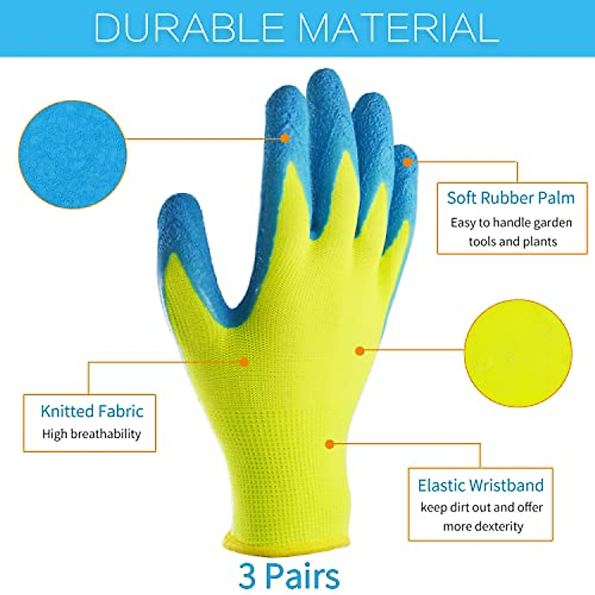 GLOSAV Durable Toddlers Garden Gloves, Kids Gardening Gloves for Ages 2-12, Kids Work Gloves for Fishing, Yard, 3 Pairs (Size 2 for 2, 3, 4 Year Old)