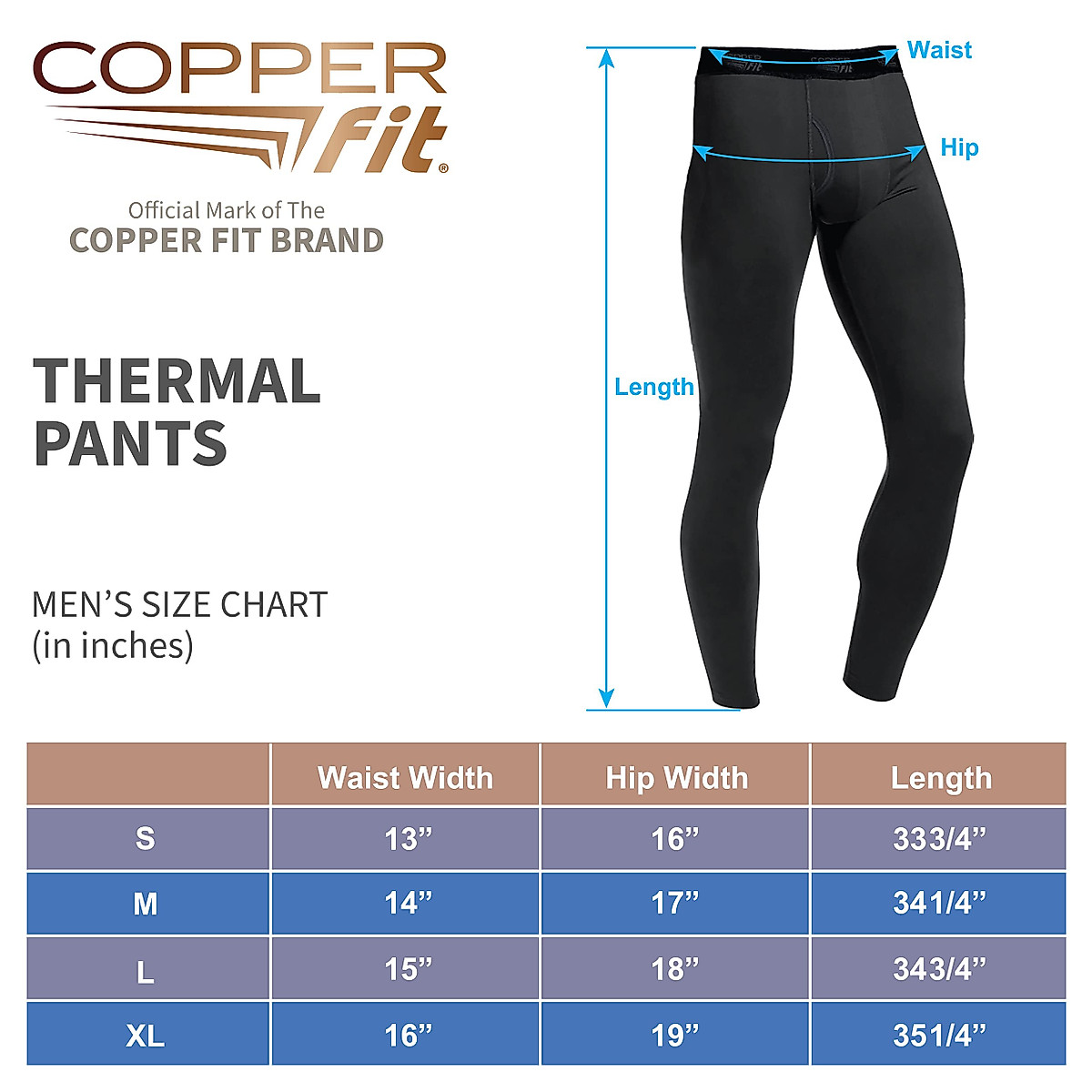 Copper Fit Men's Copper Infused Thermal Pant Base Layer, Black, Small