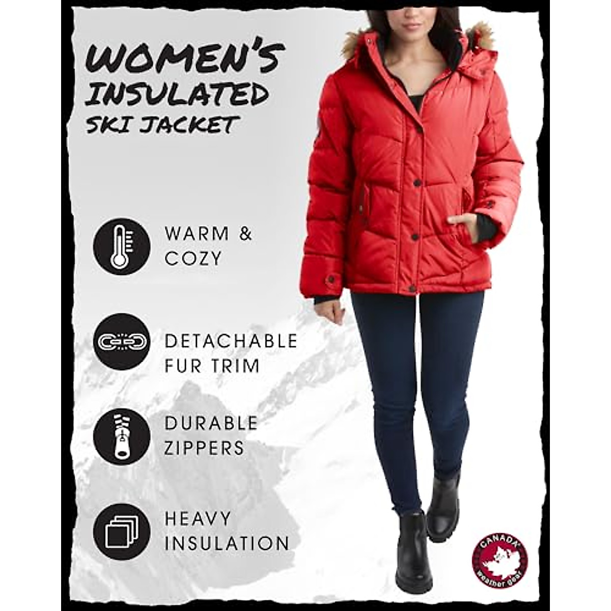 CANADA WEATHER GEAR Women's Winter Coat - Quilted Heavyweight Puffer Parka Coat – Plus Sized Jacket for Women (S-3X), Size Large, Red/Natural