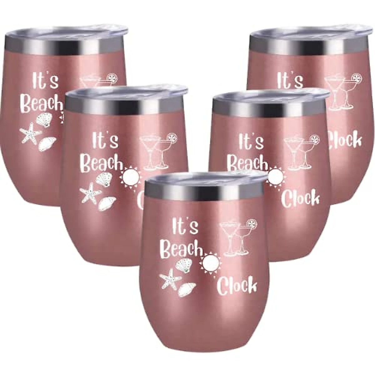 It's Beach O 'Clock, Lovely Shape Rose Gold With white Print, Insulated Wine Tumbler with Lid Double Wall Stainless Steeel, Coffee Mug, Beach Accesories, Cocktail, Beer, Office (Rose Gold)