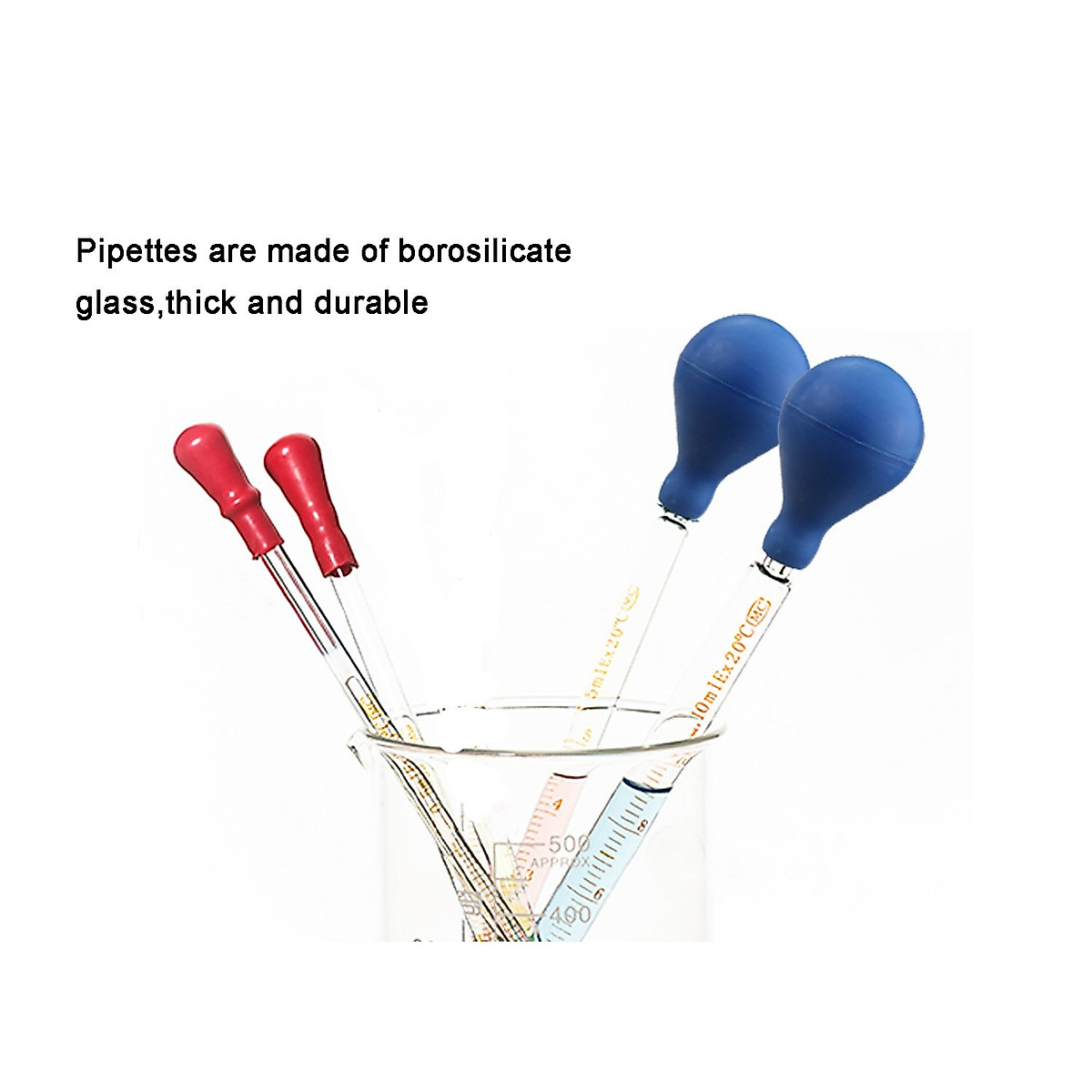 Luckkyme 4pcs Thick Glass Graduated Dropper Pipettes and Liquid Pipettors with Scale Line Silicone Rubber Caps 1ml 2ml 5ml 10ml