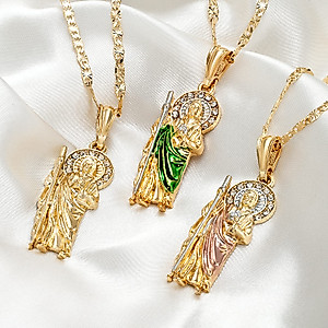 Luxe & Co. Jewelry Saint Jude Necklace 14K Gold Plated San Judas Medalla Cadena Oro Laminado San Judas Necklace (Green, 24" Inch)