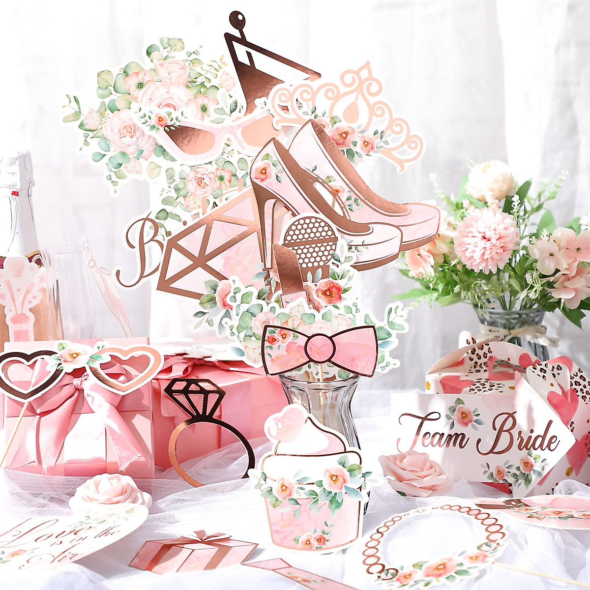 Zonon 24 Pieces Bridal Photo Booth Props, Bridal Shower Props, Wedding Photo Booth Gold Foiled Floral Photo Props for Bridesmaid Bachelorette Party Wedding Supplies