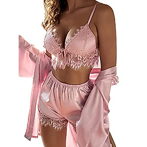 Verdusa Women's Satin Pajama Set 3 Piece Lace Trim Camisole and Shorts with Robe Pink L