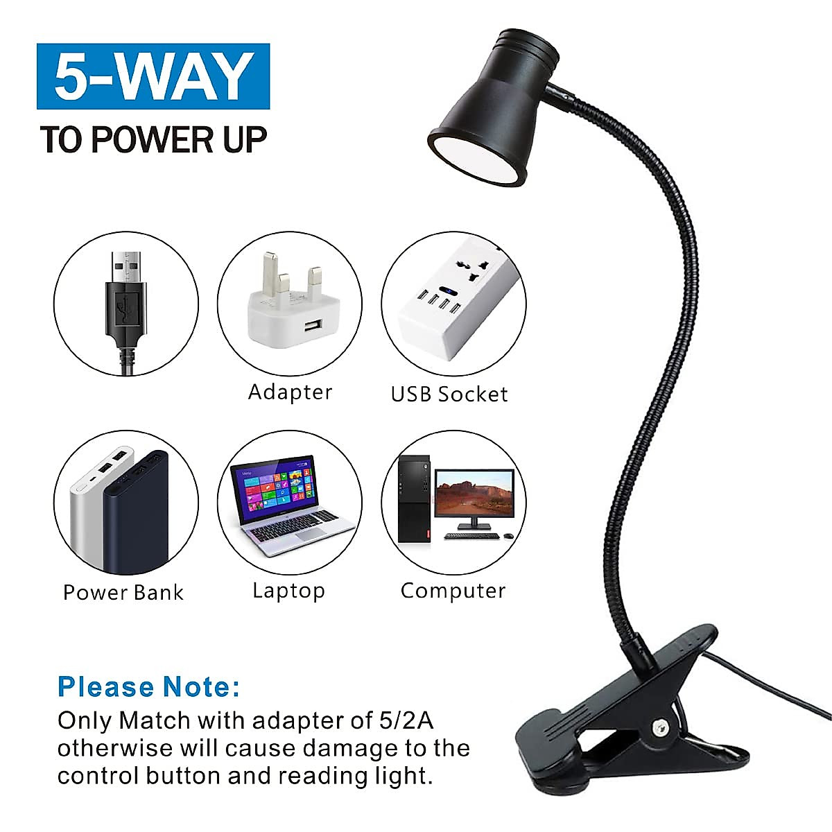KNAMKY USB LED Desk Lamp Clip On Reading Light, 3 Light Mode 10 Dimmable Brightness Levels Book Light for Dorm Bed Headboard, Adjustable Flexible Neck Clamp Light, Perfect for Working Studying
