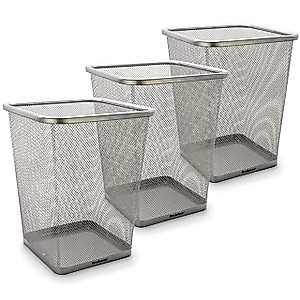 Brookstone BKH1461, [3 Pack] Metallic Mesh Wastebasket for Office & Home, Open Top, Under Desk Trash Can, Lightweight & Sturdy Recycling Bin, Standard, Silver