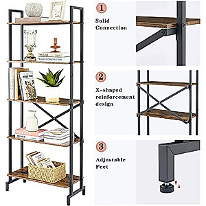 Hoctieon 5 Tier Bookshelf, Tall Bookcase Shelf Storage Organizer, Vintage Wood Open Shelves, Utility Organizer Shelves for Home Office, Living Room, Bedroom, Kitchen, Bathroom, Rustic Brown