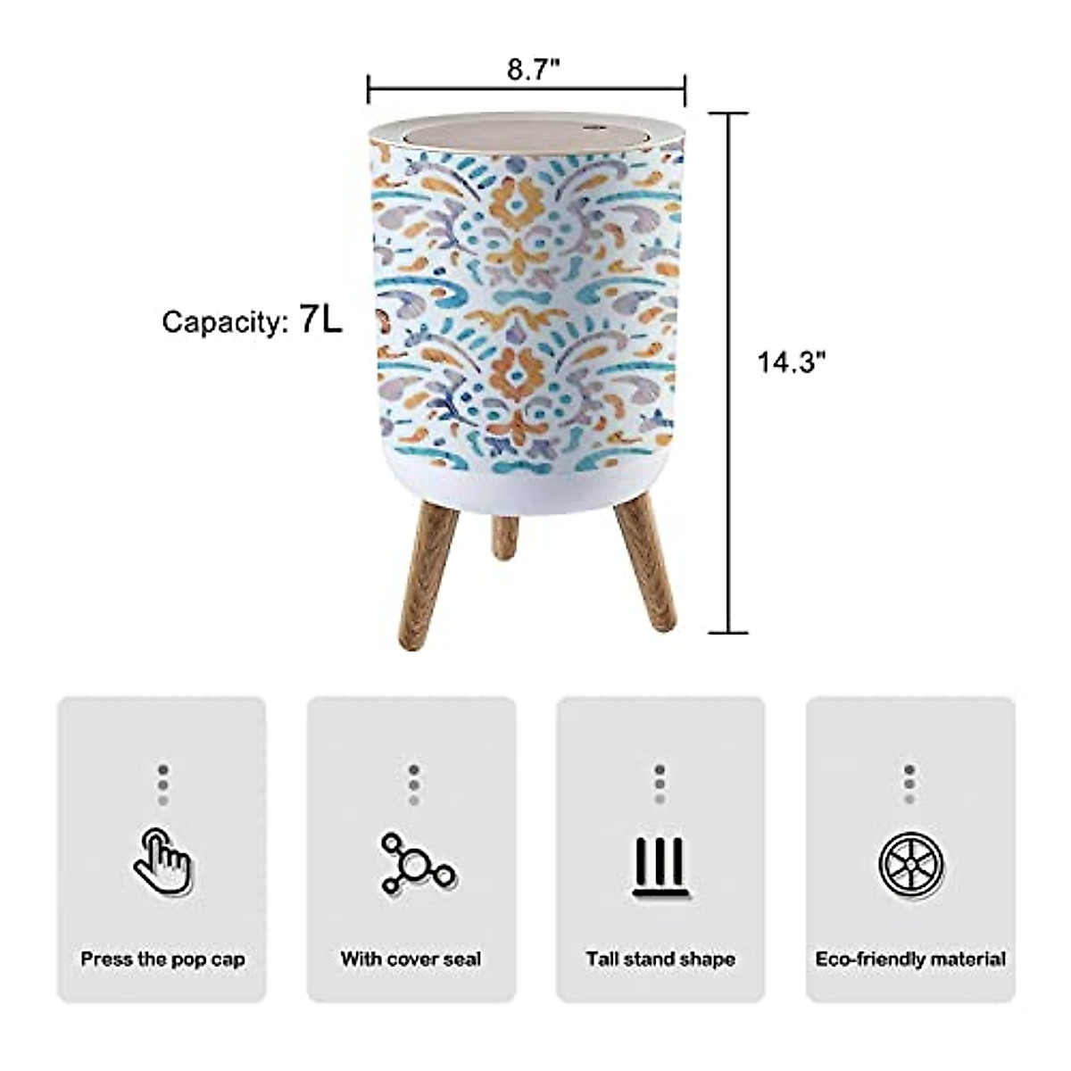 Small Trash Can with Lid Embroidered Seamless Bohemian Wavy Print Watercolor Texture on a White 7 Liter Round Garbage Can Elasticity Press Cover Lid Wastebasket for Kitchen Bathroom Office 1.8 Gallon