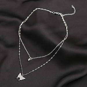 YienDoo Boho Layered Crystal Butterfly Necklace Choker Vintage Silver Tiny Butterfly Pendant Necklace Funky Rhinestone Butterfly Choker Rock Statement Necklace Charm Jewelry for Women and Girls