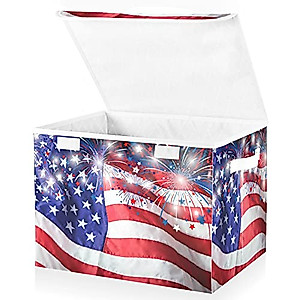 innewgogo American Flag Firework Storage Bins with Lids for Organizing Large Collapsible Storage Bins with Handles Oxford Cloth Storage Cube Box for Car
