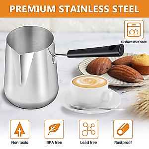 Elesunory Set of 2 Milk Warmer Pot, 11.83oz/30.43oz Turkish Coffee Pot, Stainless Steel Butter Warmer with Pouring Spout, Butter Warmer Pot for Making Coffee, Butter, Milk and Chocolate