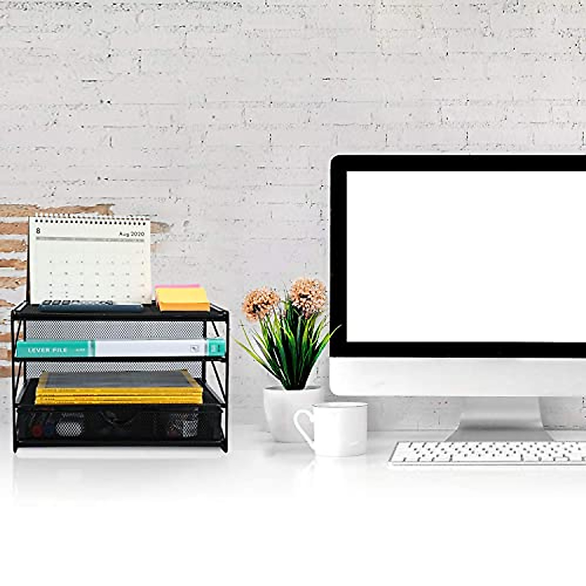 Veesun Paper Letter Tray Organizer, Mesh Desk File Organizer with 3 Tier Shelf Sorter with Drawer,Black