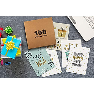 Happy Birthday Cards, 100-Pack, 4 x 6 inch, 4 Cover Designs, Blank Inside, by Better Office Products, with Envelopes, Elegant Gold Collection, 100 Pack