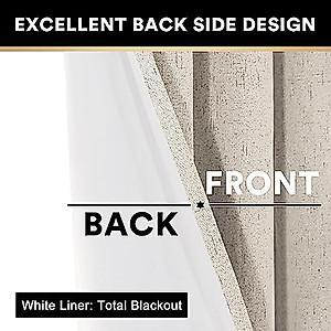 PrinceDeco Primitive Textured Linen 100% Blackout Curtains for Bedroom/Living Room Energy Saving Window Treatment Curtain Drapes, Burlap Fabric with White Thermal Insulated Liner (52 x 54in, Natural)