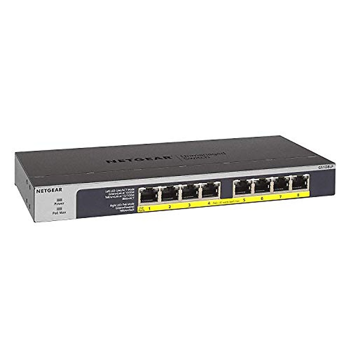 NETGEAR 8-Port Gigabit Ethernet PoE Network Switch, Hub, Internet Splitter (GS108LP) - with 8 x PoE+ @ 60W Upgradeable, Desktop/Rackmount, and ProSAFE Lifetime Protection