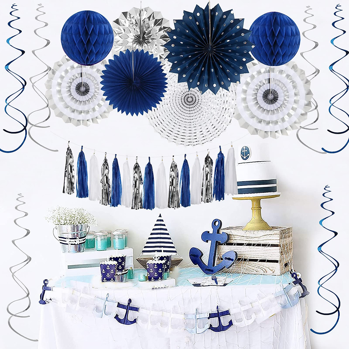 Navy-Blue White-Silver Graduation Party-Decorations - 33pcs Kits Banner, StreamersTassel Garland,Tissue Pom Poms Honeycomb, Paper Lantern Fans,Wedding Birthday Baby Shower Backdrop Ceiling Decor Hugtmr