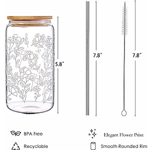 Floral Iced Coffee Cup - Cute Glass Coffee Cups with Lids and Straw - Flower Aesthetic Beer Tumbler, Can Shaped Drinking Glasses, Birthday Christmas Gifts for Women, Mom, Aunt, Wife - 16 oz Can Glass