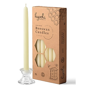 Hyoola 10" Beeswax Taper Candles 12 Pack - Handmade, All Natural, 100% Pure Unscented Bee Wax Candle - Tall, Decorative, White - 10 Hour Burn Time
