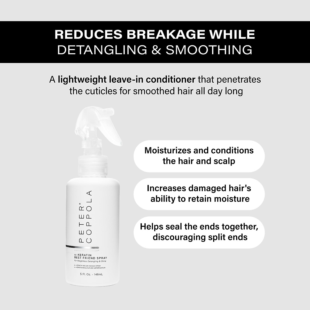 Peter Coppola a-Keratin Best Friend Spray - Leave In Conditioner Spray For Dry Damaged Hair Reduces Breakage While It Detangles, Smooths & Repairs Split Ends. Infused With Argan Oil & Aloe (5 oz)