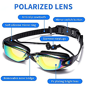 YLYUELANG Swimming Goggles with Earplug Design,No Leaking,Anti-Fog,Anti-UV,Perfect Swim Goggles for Men,Women and Youth(Black)
