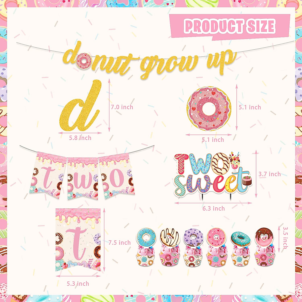 LXlucktim Two Sweet Birthday Party Supplies for 2 Year Old Girl, 150 Pcs Donut Party Decorations for Girls Baby - Backdrop, Cake, Cupcake Toppers, Tablecloth, Highchair Nanner, Crown and Poster